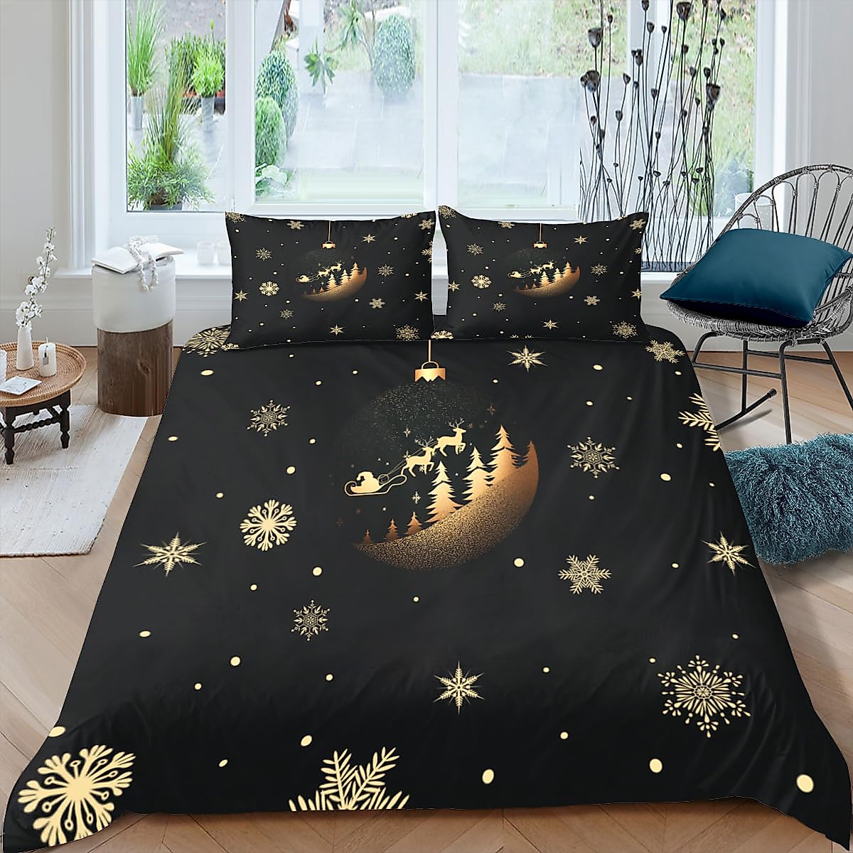 CCoutueChen Merry Christmas Soft Duvet Cover Queen Black Christmas Snowflakes Comforter Cover Happy New Year Farmhouse Decor Xmas Duvet Cover Set 3 Piece(2 Pillowcases, No Comforter)