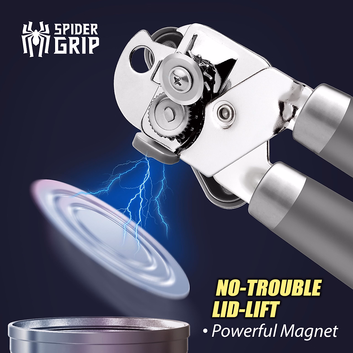 SPIDER GRIP Can Opener, No-Trouble-Lid-Lift Manual Handheld Can Opener with Magnet, Smooth Edge Safe Cut for Beer/Tin/Bottle, Big Turning Knob Anti-Slip Handle Good for Seniors with Arthritis