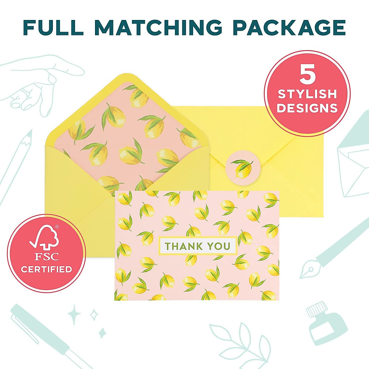 VNS Creations Lemon Thank You Cards with Envelopes & Stickers (50 pack, 5 Citrus Designs) - 4x6 Bridal Shower Thank You Cards for Citrus Themed Bridal Shower, Weddings, Kids Birthday, and Baby Shower