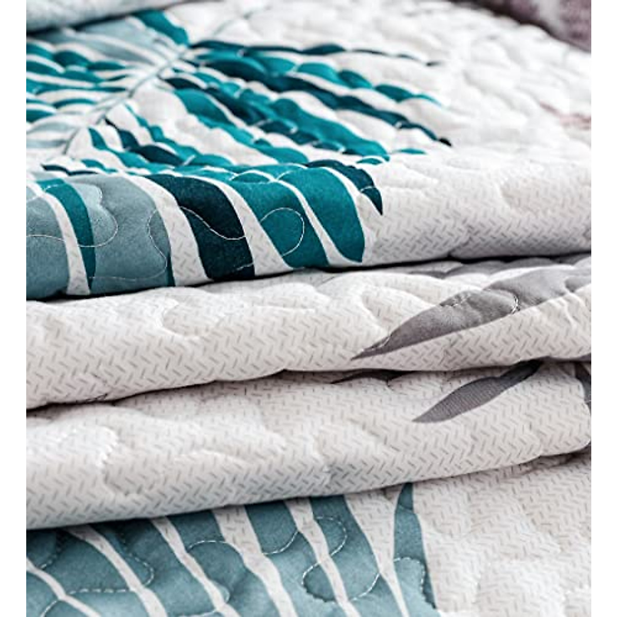 DURLENGEN Floral Quilt Set Queen Size 3Pcs, Teal & Khaki Leaves Printed on White, All Season Lightweight Coverlet Sets(Queen 90x96, Botanical Teal)