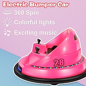 Electric Ride On Bumper Car Kids 12V 3-Speeds for Toddlers, 1.5-8 Years Old Baby Bumping Toy Cars, DIY Sticker Baby Toy Gifts, Remote Control, Bluetooth, 360 Spin ASTM-Certified Pink