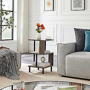 VECELO Side Table for Living Room S-Shaped Endtable with Storage Shelf, Easy Assembly, Set of 1, Rustic Brown