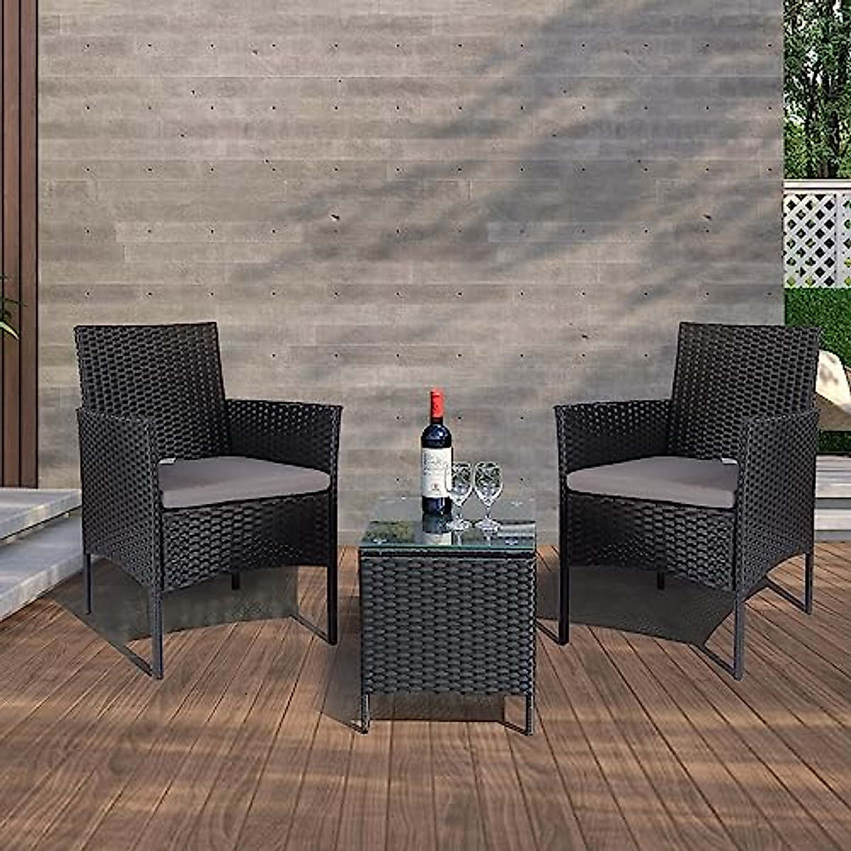 PAIQIAN 3 Pieces Patio PE Rattan Wicker Chairs with Table Outdoor Bistro Conversation Sets Garden Furniture for Yard Backyard Lawn Porch Poolside Balcony, Black/Grey