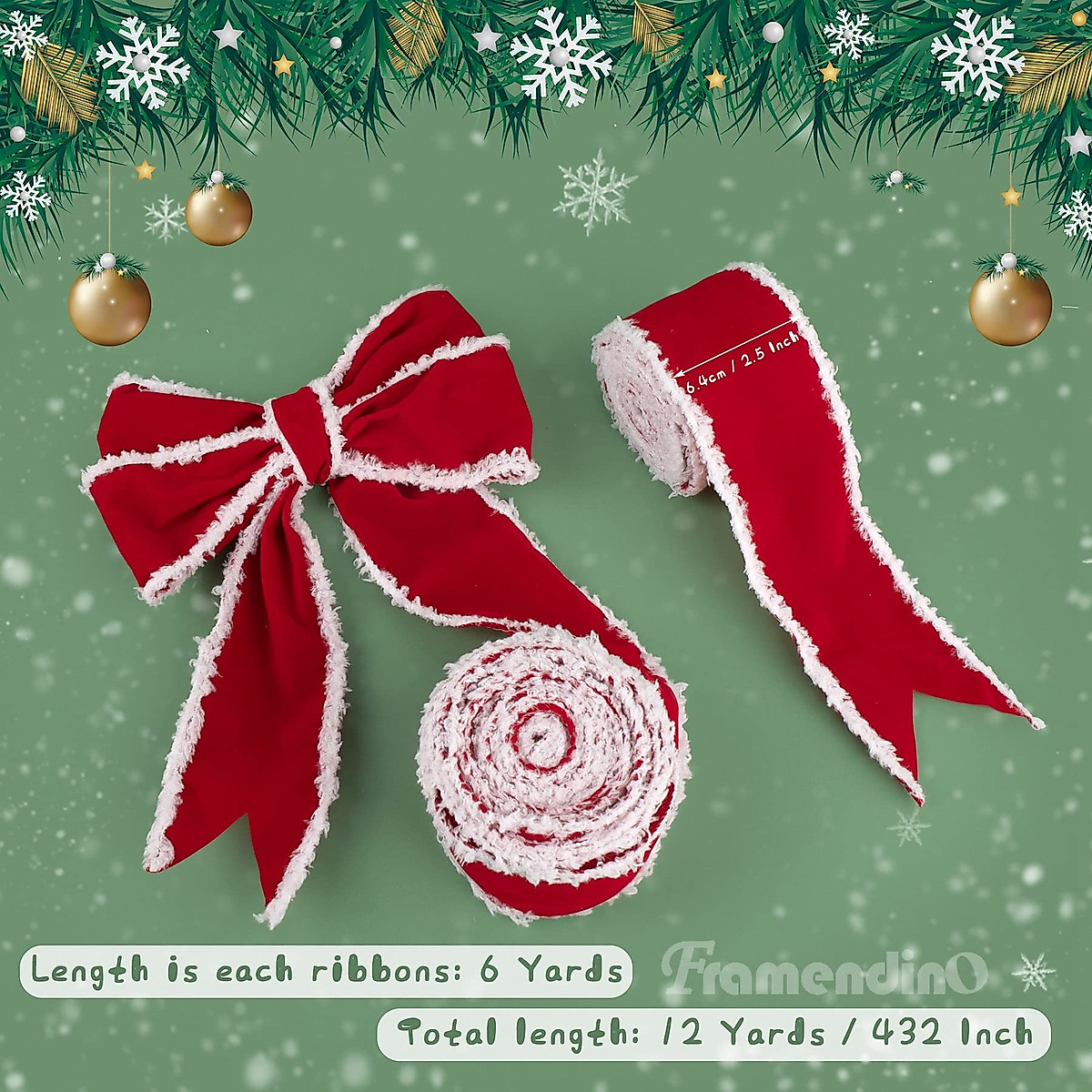 Framendino, 2 Rolls Red Christmas Ribbon Velvet Wired Edge 2.5 Inch Decorative Ribbons for Tree Bows Wreath Gift DIY Craft Xmas Wrapping Decoration