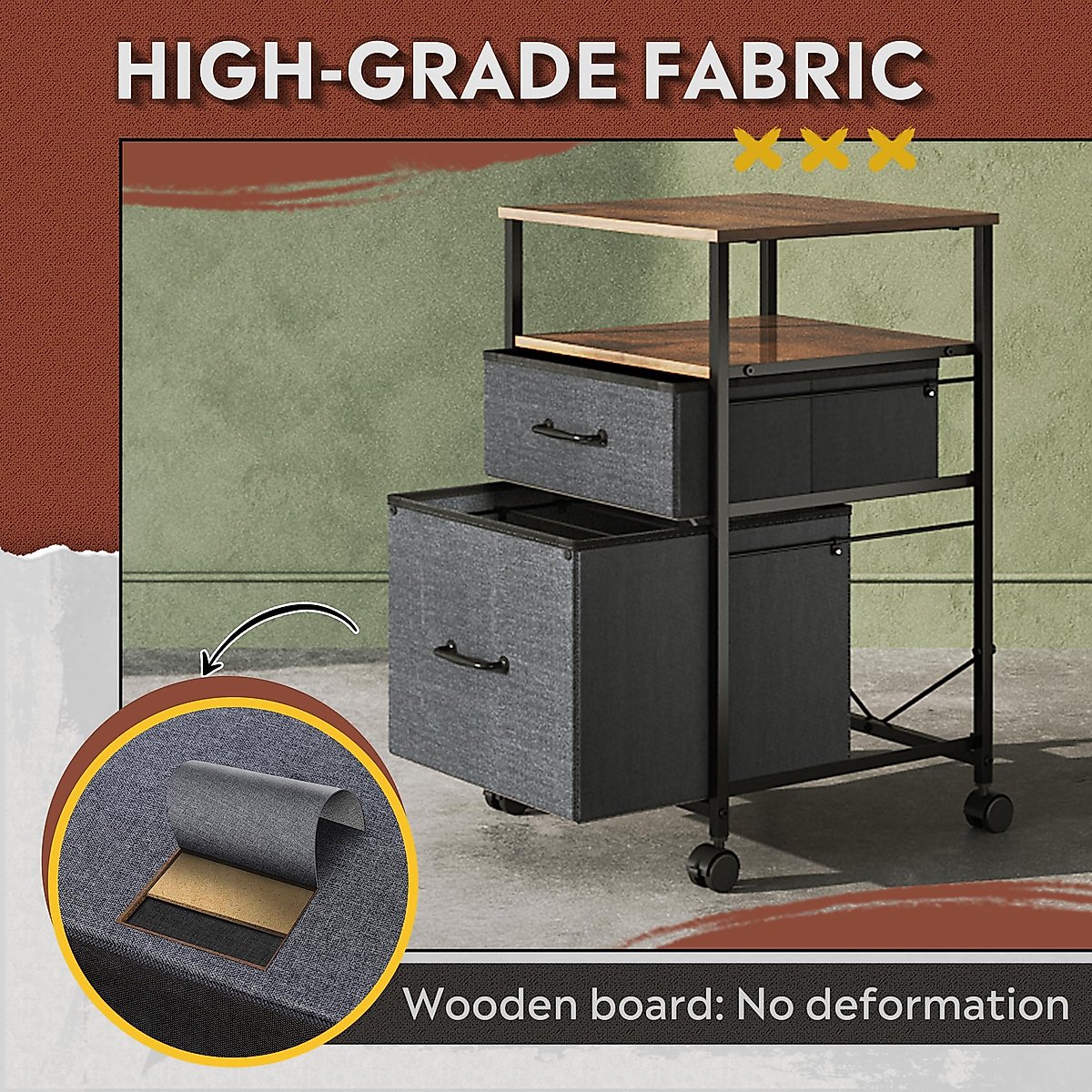 DEVAISE Mobile File Cabinet, Rolling Printer Stand with Open Storage Shelf, Fabric Vertical Filing Cabinet fits A4 or Letter Size for Home Office, Rustic Brown