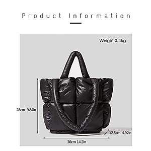 Large Puffer Tote Bag Winter Soft Puffer Down Padding Shoulder Bags Trendy Luxury Quilted Padded Handbags for Women (Black)