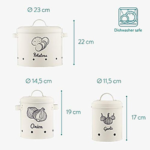 Navaris Potato Onion Garlic Storage Canisters (Set of 3) - Keeper Canister Tin Containers for Potatoes, Onions and Garlic - Vintage Look - Cream