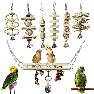 BWOGUE 7 Packs Bird Parrot Toys Natural Wood Chewing Toy Bird Cage Toys Hanging Swing Hammock Climbing Ladders Toys for Small Parakeets, Cockatiels, Conures, Finches,Budgie, Parrots, Love Birds