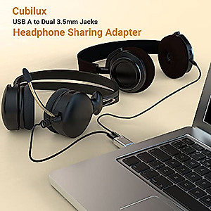 Cubilux USB A to Dual Headphone Splitter with DAC, USB to Double 3.5mm Stereo Audio Adapter, USB to 2X 1/8 Aux Splitter Compatible with Lenovo HP Dell Asus Computer Laptop PC