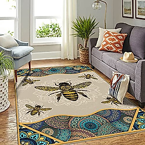 Area Rug-Mandala Bee Rug PSL70R, 4x6 ft. Fluffy Carpets for Bedroom Shaggy Floor Modern Rug Home Decor Mats
