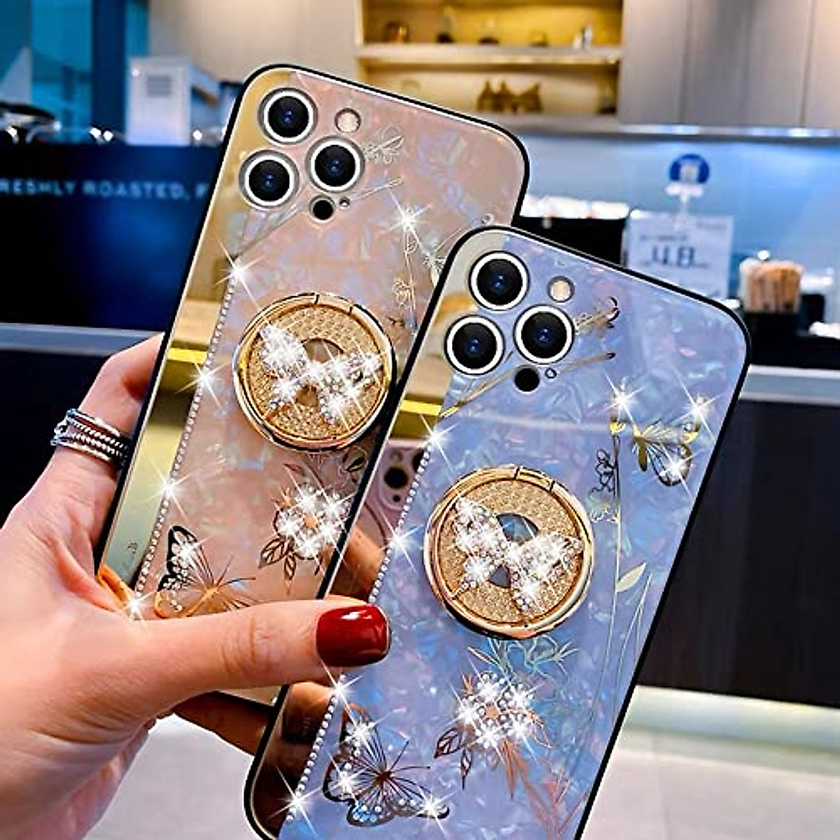 Aulzaju for iPhone 12 Pro Max Phone Case Cute Glitter Girly Women Flower Design,Luxury Plating Pearly Lustre Pattern,Sparkle Bling Diamond Butterfly Kickstand,Plating Hard Back Rugged Bumper Cover