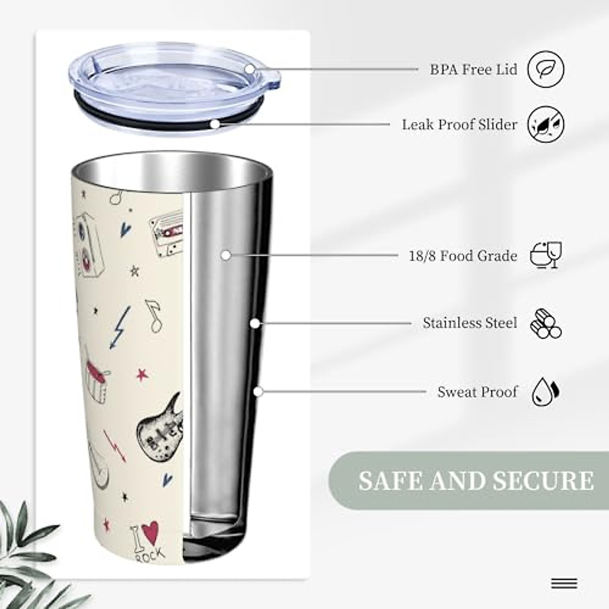 Yaxongx 20oz Tumbler Guitar Musical Music Double Wall Vacuum Insulated Coffee Mug with Lid and Metal Straw Brush Reusable Stainless Steel Water Bottle Travel Cup Gifts for Car Ice Drinks Hot Beverage