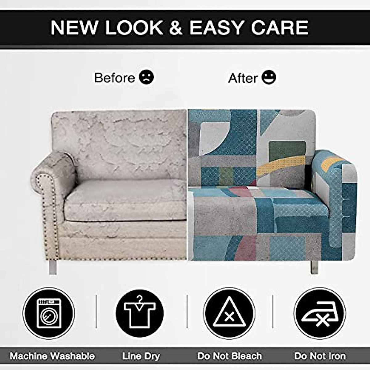 HOSIMA Geometric Irregularity Sofa Covers for 4 Cushion Couch,Blue and Grey X-Large Couch Slipcover,Printed Stretch Washable X-Large Slipcover Furniture Protector for Living Room,X-Large(93-118 inch)