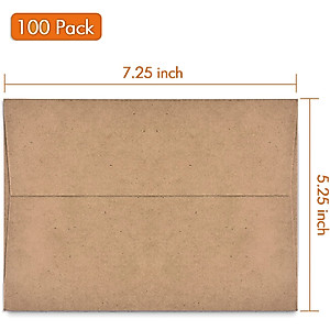 100 Pack A7 Brown Kraft Paper Invitation 5 x 7 Envelopes - Quick Self Seal For 5x7 Cards| Perfect for Weddings, Invitations, Baby Shower| Stationery For General, Office | 5.25 x 7.25 Inches