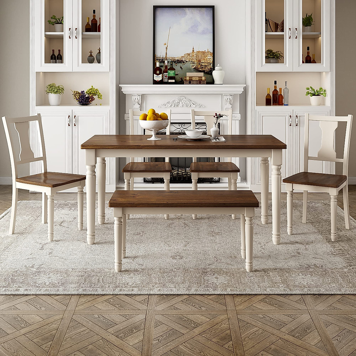 Harper & Bright Designs Classic 6 Piece Kitchen Dining Table Set, Wooden Rectangular Table with 4 Chairs and 1 Bench for Kitchen Dining Room, Home Furniture (Brown+Cottage White)