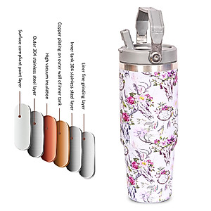 PRAGDUCT Cow Skull Tumbler with Handle and Lid Straw, 30 oz Stainless Steel Travel Mug for Hot and Cold Drinks, Mother's Day gift West Floral Design (White cow skull, 30OZ)