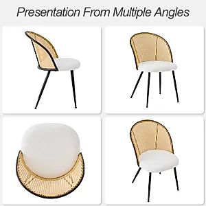 Bekrvio Rattan Dining Chairs Set of 2, Mid-Century Modern Kitchen Dining Room Chairs with Full Cane Backrest Armless Upholstered Farmhouse Boucle Dining Chairs with Metal Leqs for Dining Room, White