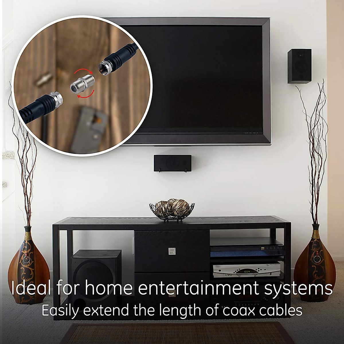 GE Coaxial Cable Extension Adapter Couplers, 2-Pack, Works on F-Type RG59 RG6 Coax Cables, Connects Two Coaxial Cables to Extend Length, Female-to-Female Connectors, 23203