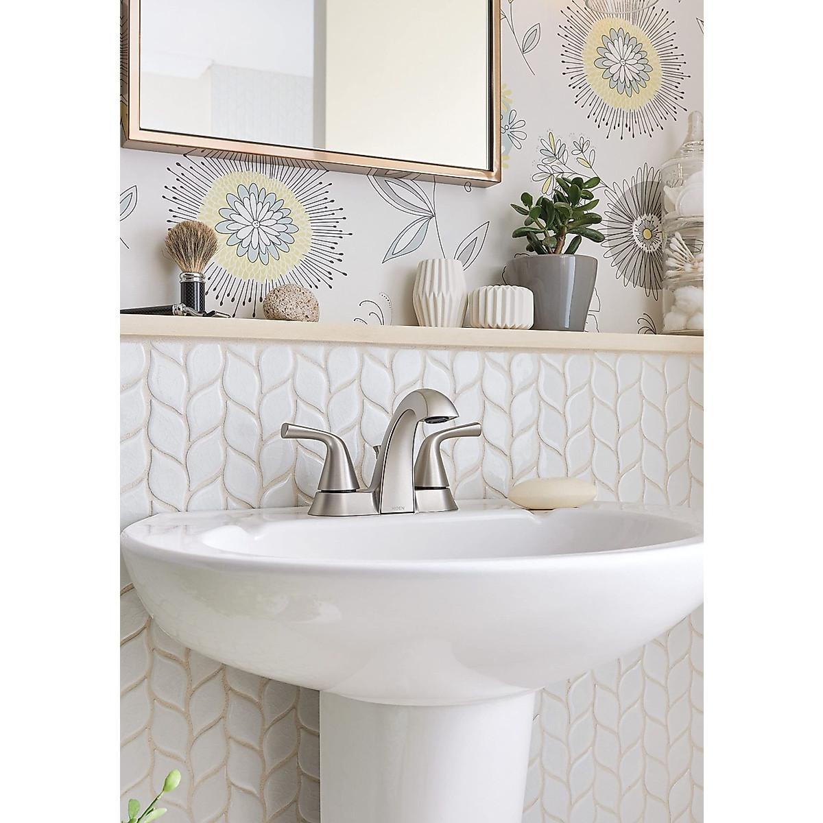 Moen Haber Spot Resist Brushed Nickel Two-Handle 4" Centerset Bathroom Faucet, 3-Hole Faucet, 84768SRN