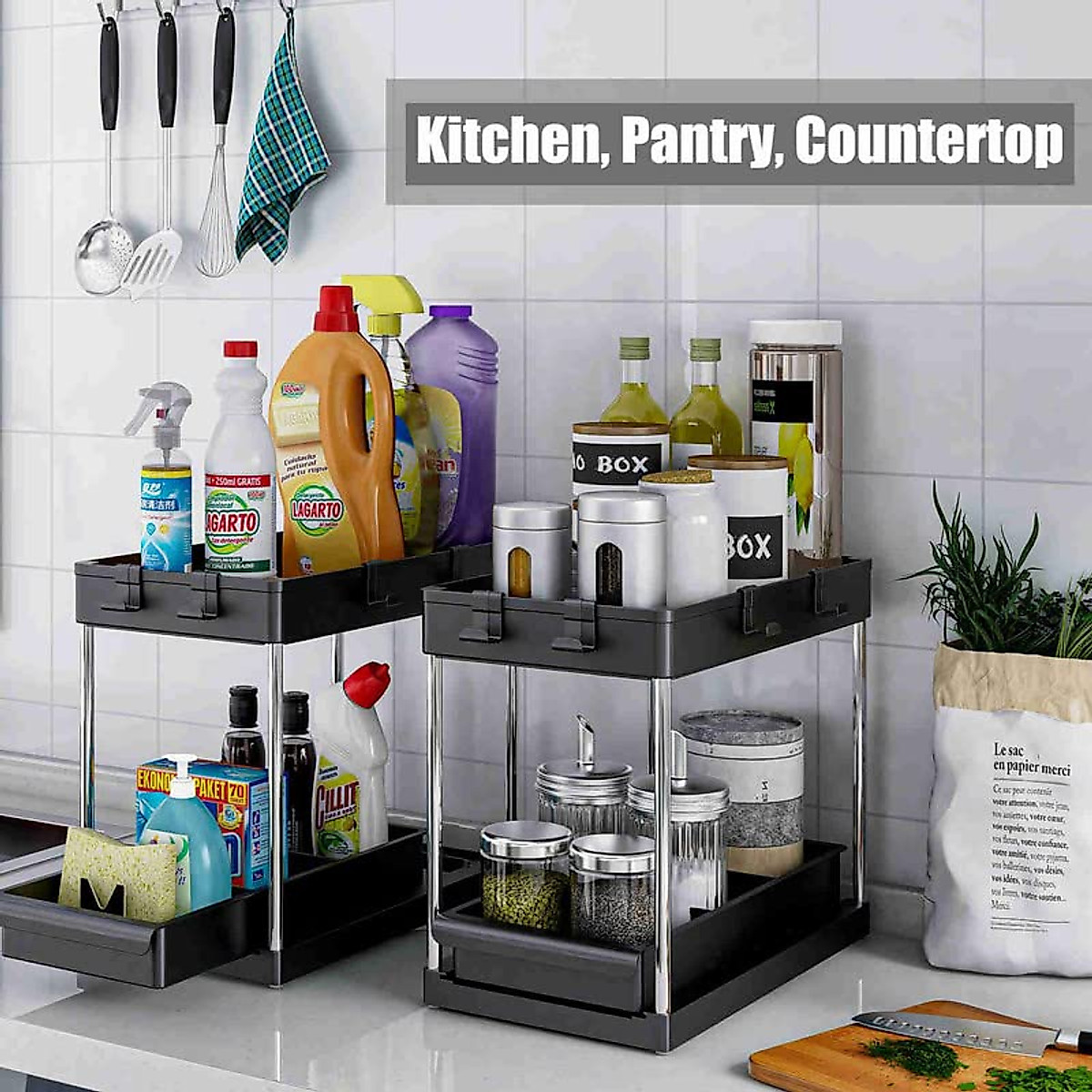 MOUDAO 2 Pack Under Sink Organizers and Storage Bathroom Organizer, 2 Tier Black Under Sink Organizer Cabinet Kitchen Organization Pantry Closet with Pull-Out Drawers, Anti-slip Mats, Hanging Hooks