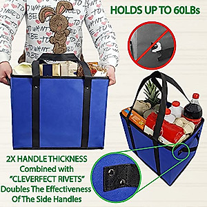 CLEVERFECT Reusable Grocery Box Bags. Large, Durable Heavy Duty Premium Quality Shopping Totes Set. Collapsible, Extra Long Handles & Reinforced Bottom, Pack of 3 (Red, Blue, Green) Eco Friendly