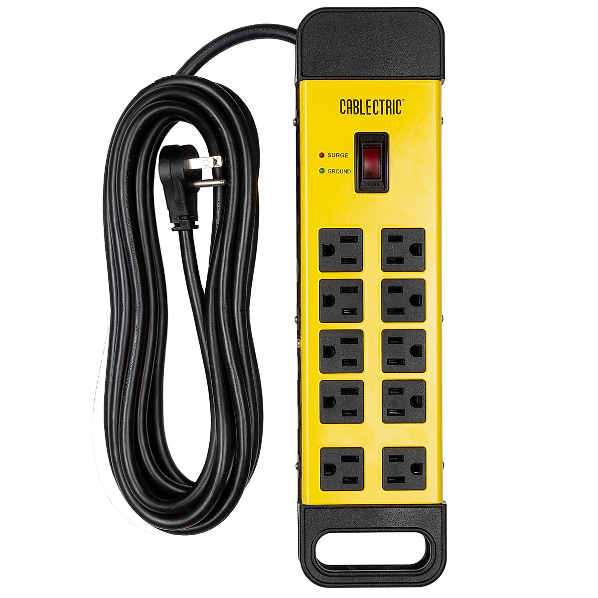 10 Outlet Heavy Duty Surge Protector Power Strip - Industrial Black and Yellow Metal Surge Protector with 15 Foot Extension Cord | Cablectric is an American Owned Brand