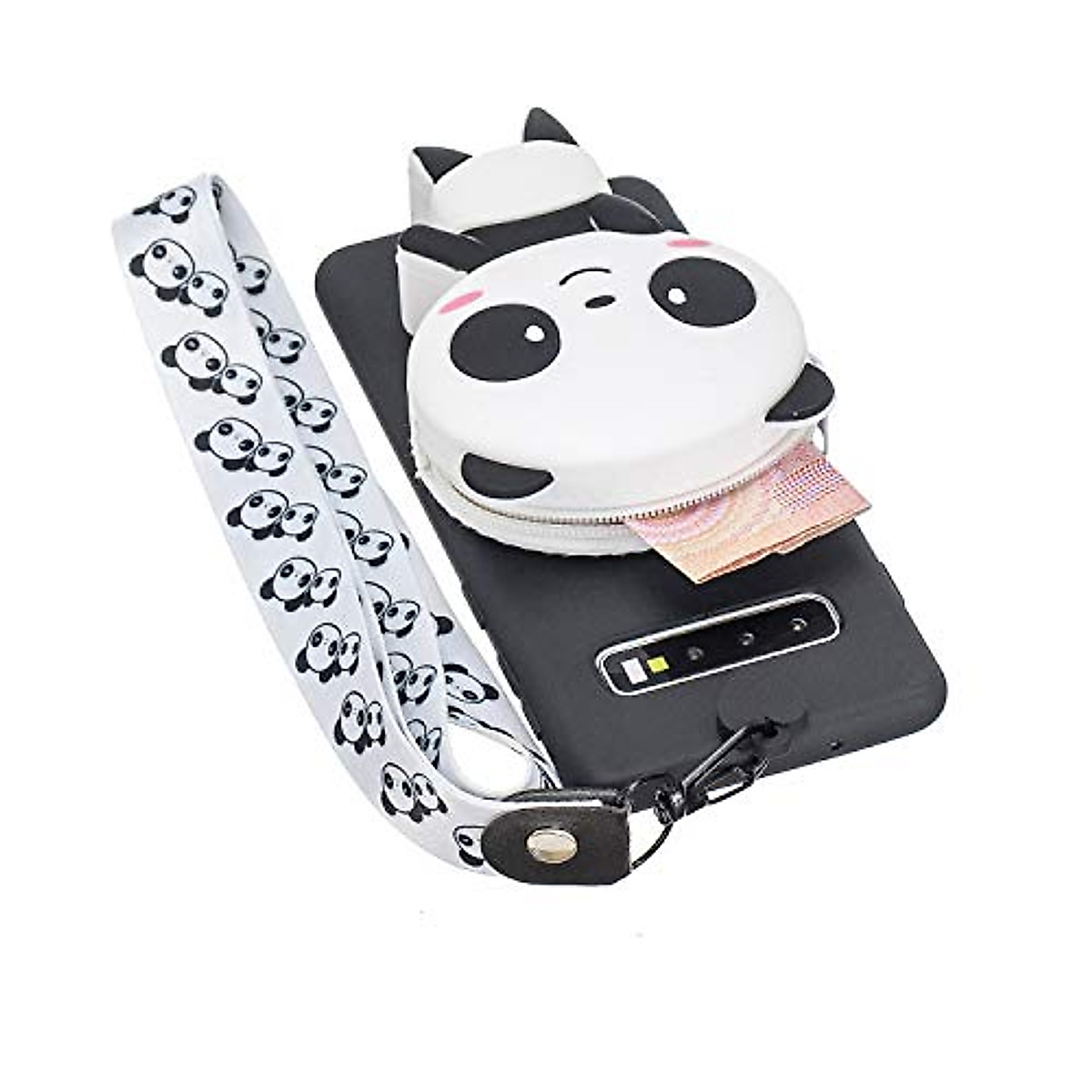 Girlyard for Samsung Galaxy S10 Plus Silicone Case with 3D Cartoon Animal Zipper Wallet Purse Stand Holder Cover and Long Detachable Lanyard Strap Phone Case for Kids Girls,Black Panda