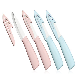 Lomgwumy Paring Knife, 4 Sharp and Durable Fruit Knife, with Scabbard, Exquisite and Beautiful, Fruit Knives Small is Suitable for Most Vegetables, Fruits and Meat (Pink and Blue)
