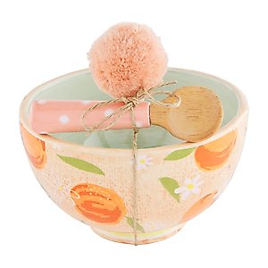 Mud Pie Floral Dip Dish Set, Pink, bowl 3" x 5"dia | spoon 1.2" x 4"