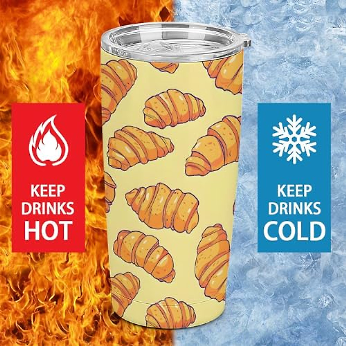 KIOWEIR Delicious Croissant Stainless Steel Tumbler 20oz With Lid And Straw, Insulated Tumblers Coffee Cup, Travel Mug for Ice Drink & Hot Beverage for Women Men Boys Girls