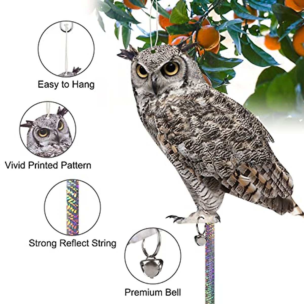kungfu Mall Fake Owl Decoy to Scare Birds, 3 Pack Fake Owl Hanging Effective Bird Control Device to Keep Birds Pigeon Woodpecker Away from Outdoor Garden Yard