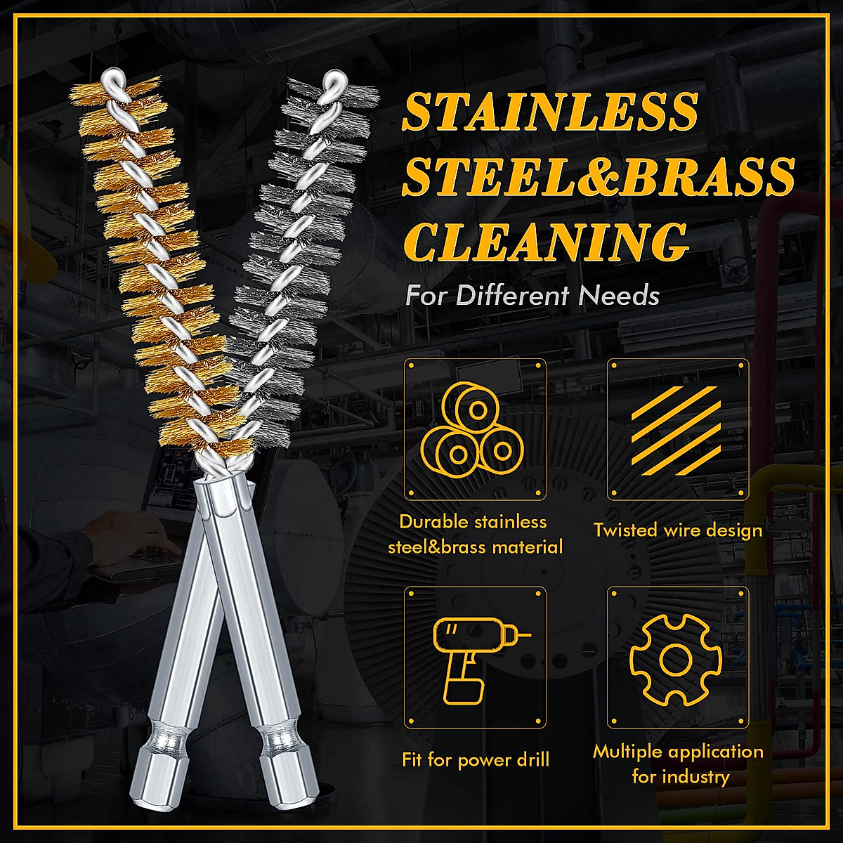 Bore Brush for Drill Wire Bore Brush Set Wire Cleaning Brush Set Stainless Steel Cleaning Brush for Power Drill Impact Driver(12 Pieces, Stainless Steel, Brass)