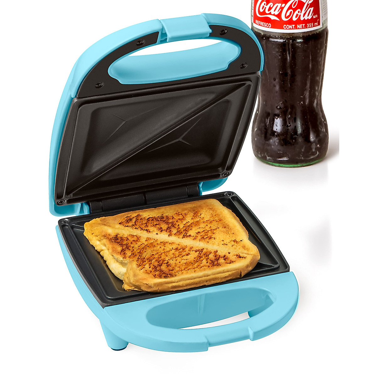 Nostalgia Coca-Cola Sandwich Maker with Beverage Cooler Bag, Non-Stick Panini Press with Lock Feature, Peace and Harmony