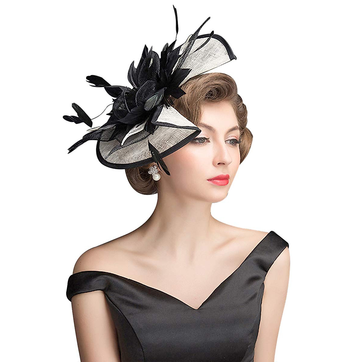 Z&X Sinamay Fasciantor Derby Church Hats for Women Floral Feather Wedding Tea Party Headpiece with Headband Clip Black and White