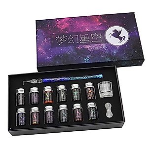 AXEARTE Glass Pen Set, Calligraphy Pen and Ink Set - 12 Colors Ink, Glass, Pen Holder, Crystal Vintage Glass Dip Pen for Art, Writing, Drawing, Signatures, Decoration, Holiday Gift Set