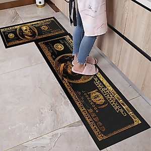 GUBIYU Black Bathroom Rug Set 100 Dollar Bill Kitchen Rug Money Rugs Nonslip Rubber Backed Gold Bathroom Mats and Rugs Sets Rug Runner Floor Mat Washroom Bathroom Laundry Doormat (17.5"X29"+17.5"X59")
