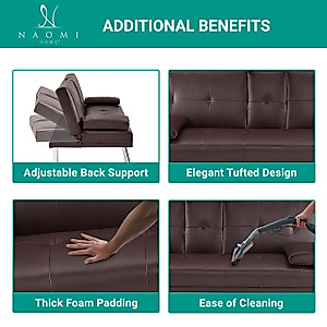 Naomi Home Transform Your Living Space with Comfort Espresso Futon Sofa Bed with Armrest, Cupholders, & Reclining Function, Ideal for Cozy Living Rooms! Sofa Bed Couch with Metal Legs, Faux Leather