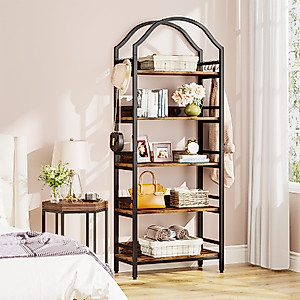 Tribesigns 5-Tier Bookshelf, 73" Tall Arched Bookcase, Industrial Wood Storage Rack Open Shelves with 4 Hooks, Modern Standing Bookshelves Metal Frame Display Rack for Home Office, Brown, 1 Pc