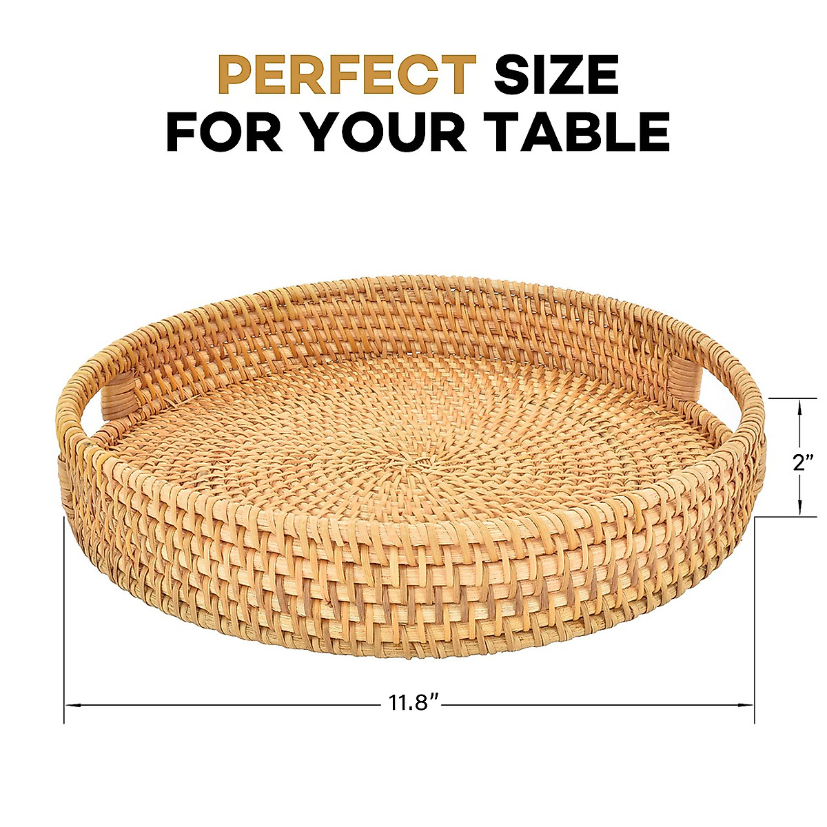 Rattanhut Hand Woven Round Rattan Tray with Paper Doily - 11.8 x 2 inch Round Basket Tray with Handles for Serving Food, Drink, Dessert, Breakfast in Bed, Decor - Decorative Coffee Server