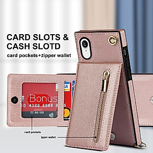Jaorty Crossbody Phone Case for iPhone XR Case with Card Holder for Women,iPhone XR Case Wallet with Strap Lanyard for Men,PU Leather Magnetic Clasp with Kickstand 6.1", Rosegold