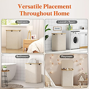 Lifewit 150L Laundry Basket with Lid 3 Section, Large Laundry Hamper with Bamboo Handles and Removable Laundry Bags, Clothes Hampers for Laundry for Bedroom, Bathroom, Dorm, Laundry Room, Beige