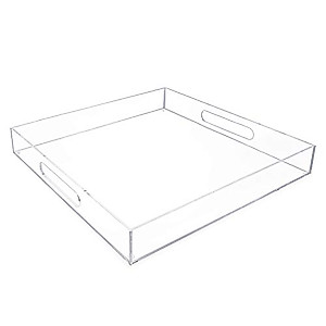 Isaac Jacobs Clear Acrylic Serving Tray (15x15) with Cutout Handles, Spill-Proof, Stackable Organizer, Space-Saver, Food & Drinks Server, Indoors/Outdoors, Lucite Storage Décor & More