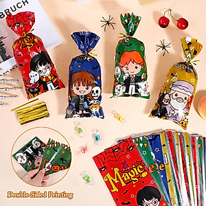 Rukoy Magical Cellophane Treat Bags, 100 Pack Cellophane Cookie Bags for Packaging 4 Designed Clear Treat Bags with Ties Candy Bags for Kids Halloween Party Favors Wizard Party Supplies