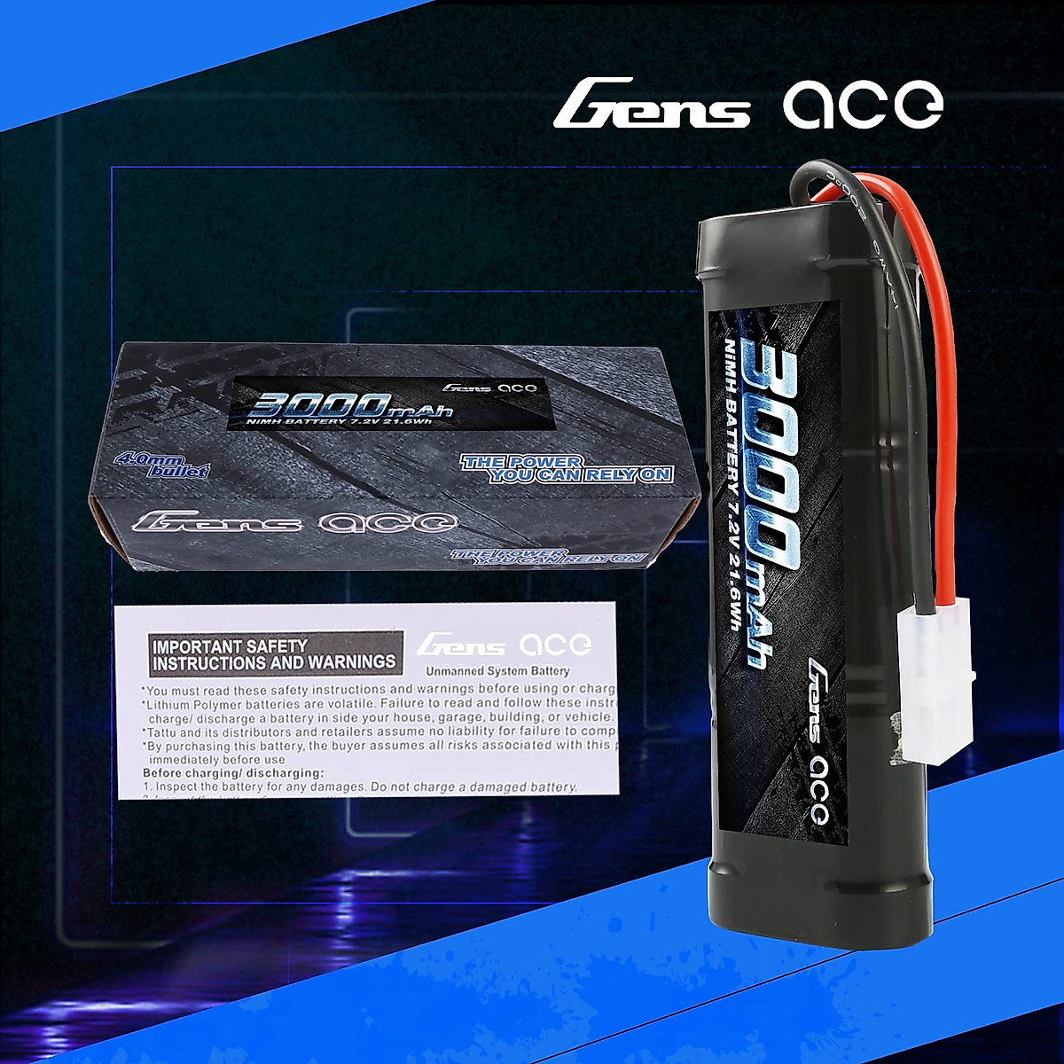 Gens ace 7.2V 3000mAh NiMH Battery High Power Rechargeable Low-self Discharge with Tamiya Plug for RC Cars Truggy Tank Electric RC Monster Truck Buggy Traxxas LOSI Associated HPI Tamiya Kyosho