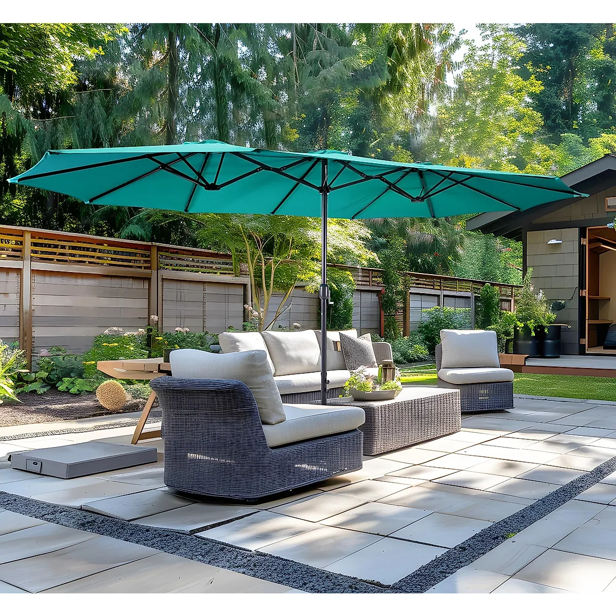 Bigroof 15ft x 9ft Patio Double-Sided Umbrella with Base & Crank, Extra Large Rectangular Outdoor Umbrella for Patio, Lawn & Garden, Beige (Turquoise)