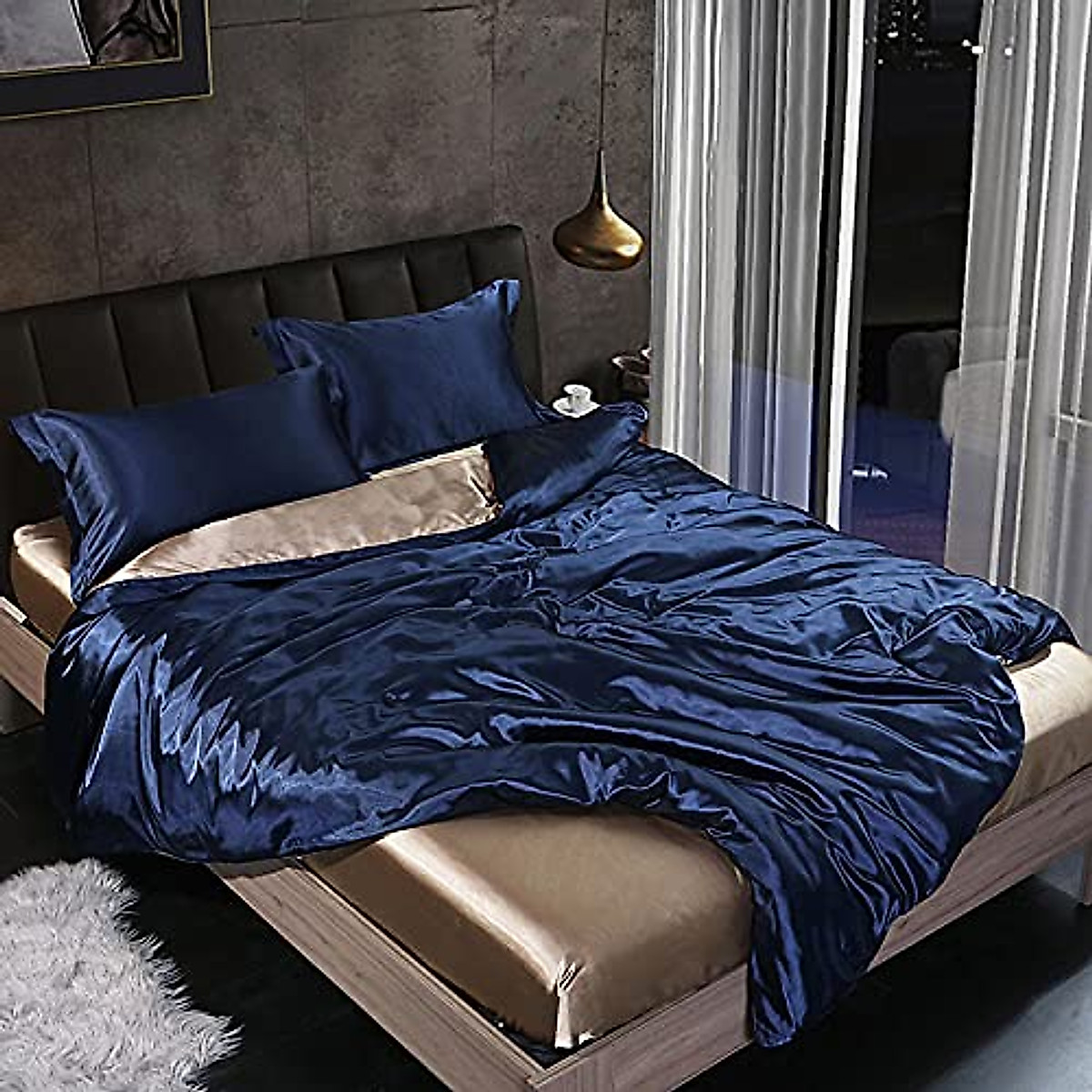 ENPAP Duvet Cover Set Bedding with Fitted Sheet and Pillowcases Silk Like Satin Bedding Sets Summer Quilt/Comforter Covers Luxury Soft Microfiber (Color : Gold, Size : Queen)