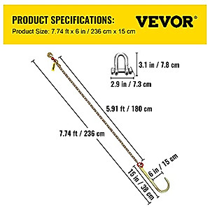 VEVOR J Hook Chain, 5/16 in x 6 ft Tow Chain Bridle, Grade 80 J Hook Transport Chain, 9260 Lbs Break Strength with JT Hook & Grab Hook, Tow Hooks for Trucks, Heavy Duty J Hook and Chain Shorteners