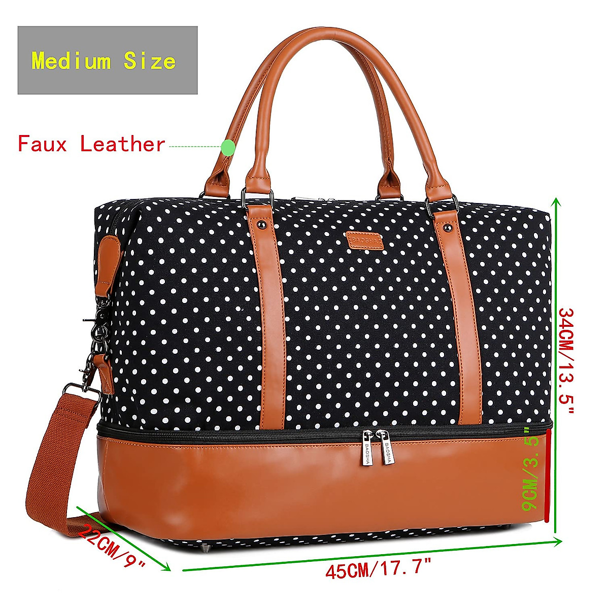 BAOSHA HB-28 Ladies Women Canvas Travel Weekender Bag Overnight Carry-on Duffel Tote Bag (Black Dot) 18 x 13 x 8 inch