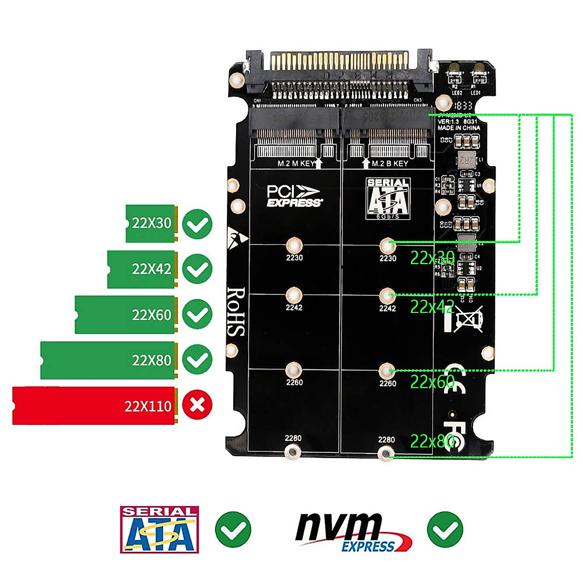 Timack M.2 NVME SSD(Key M) Key B SSD to U.2 SFF-8639 Adapter