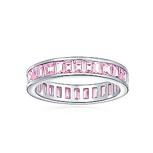 AAA Cubic Zirconia Pink Channel Set Rectangle Emerald Cut Baguette CZ Eternity Ring Anniversary Wedding Band For Women .925 Sterling Silver 4MM Stackable Rings
